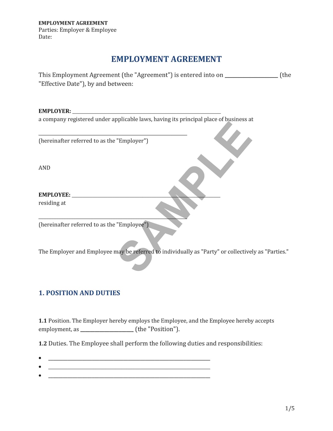 Editable Employment Agreement Template - Customizable Word & PDF for ...
