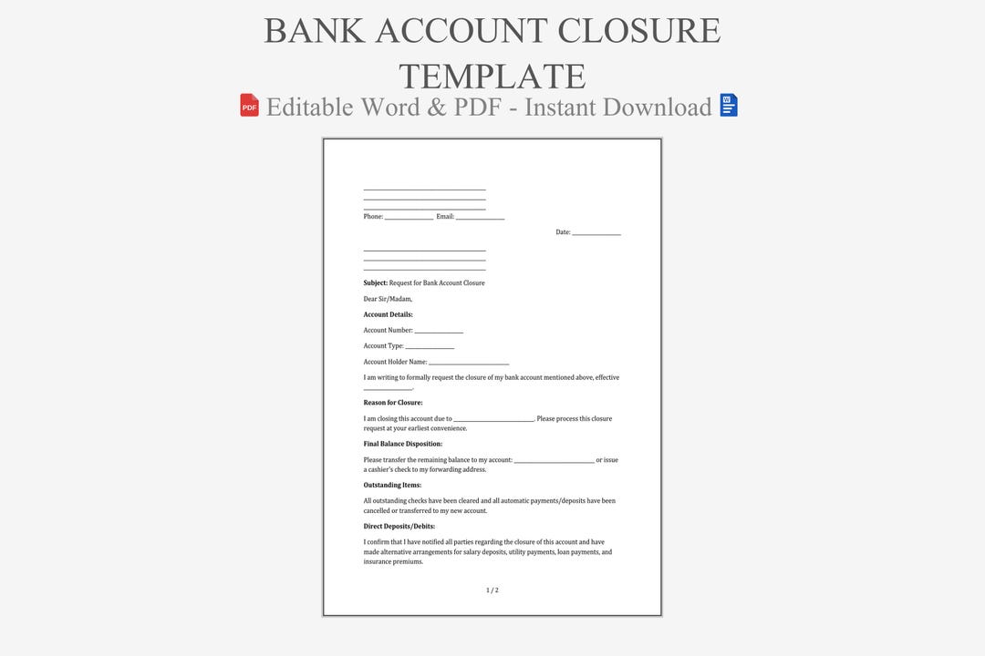 Bank Account Closure Letter Template - Etsy