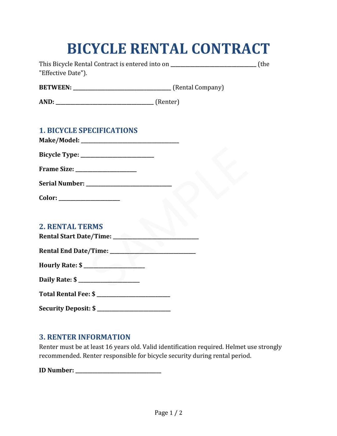 Bicycle Rental Contract Template - Bike Rental Agreement, Cycle Lease ...