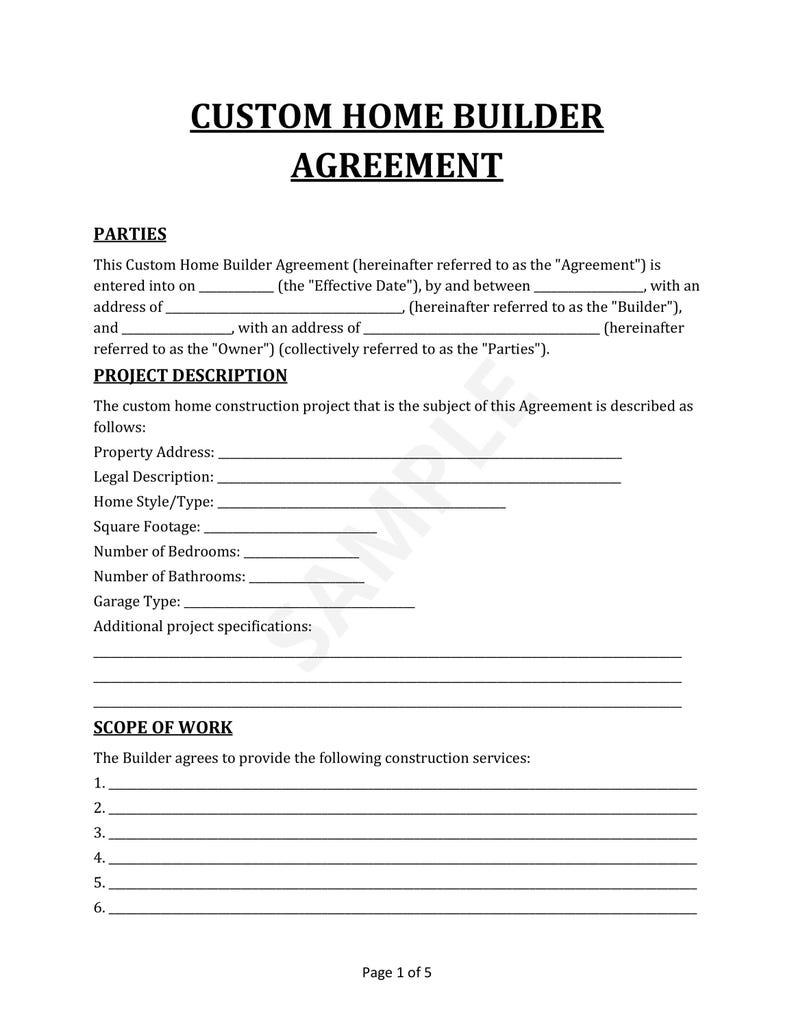 Custom Home Builder Agreement. Printable Contractor Contract. Editable ...