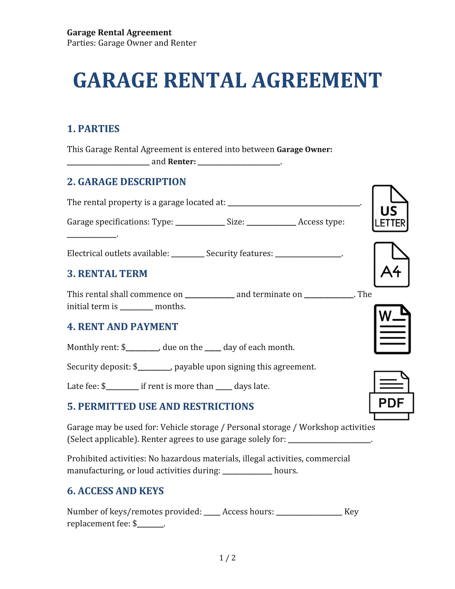 Garage Rental Agreement Template - Etsy