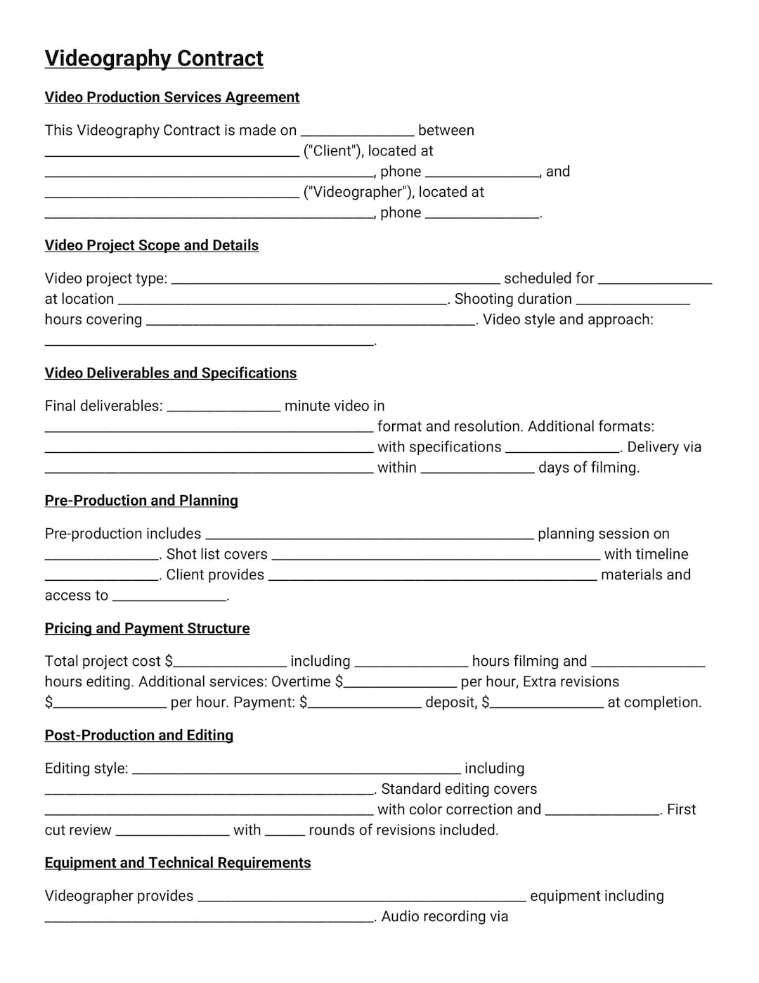 Videography Contract Template - Easy to Use Word & PDF Files - Etsy