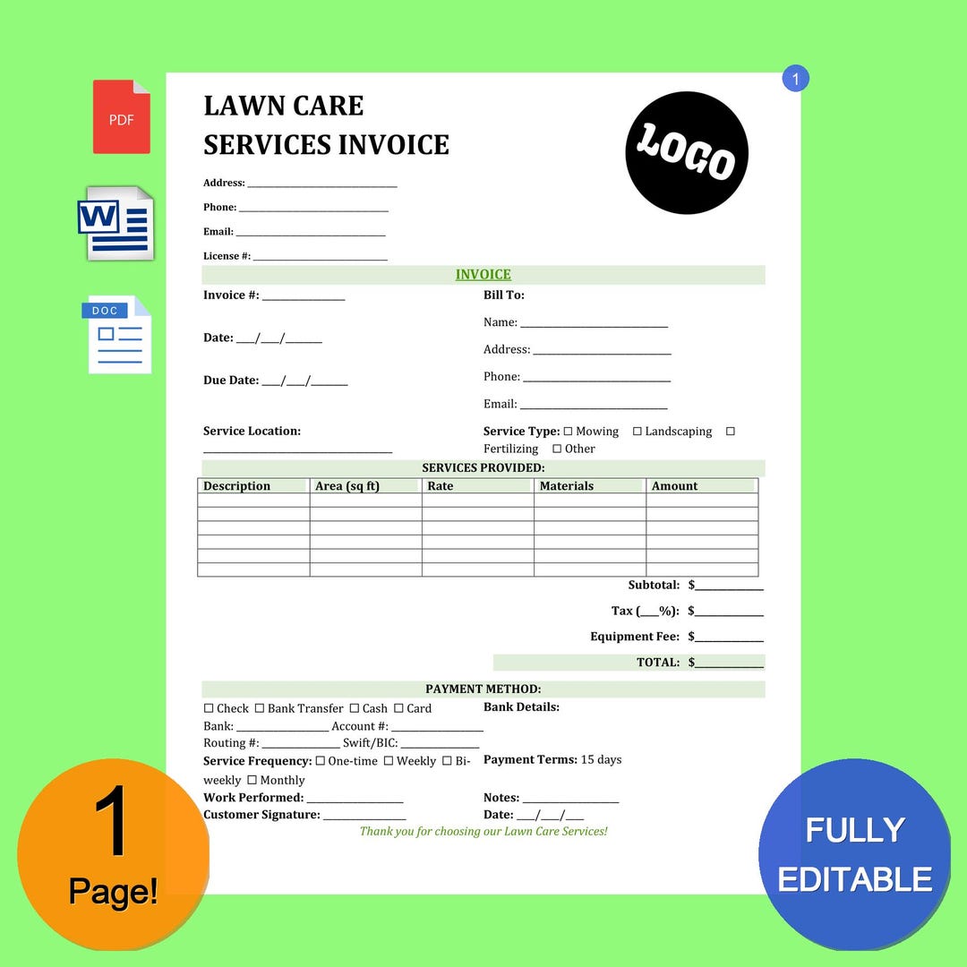 Lawn Care Services Invoice Template Receipt Custom Logo | Editable in ...