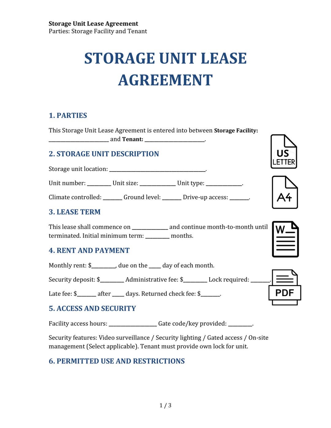 Storage Unit Lease Contract Template - Storage Lease, Unit Rental ...