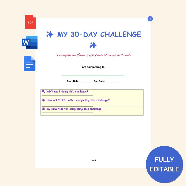 30 Day Challenge Planner Template | Editable in MS Word & PDF | Planner ...