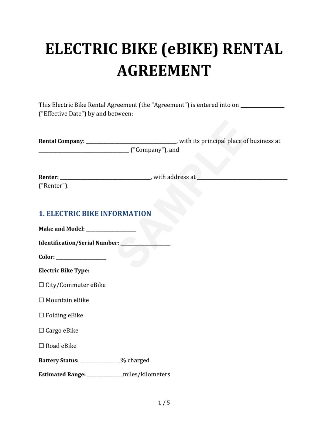 Ebike/electric Bike Rental Agreement Template - PDF & Word Download - Etsy