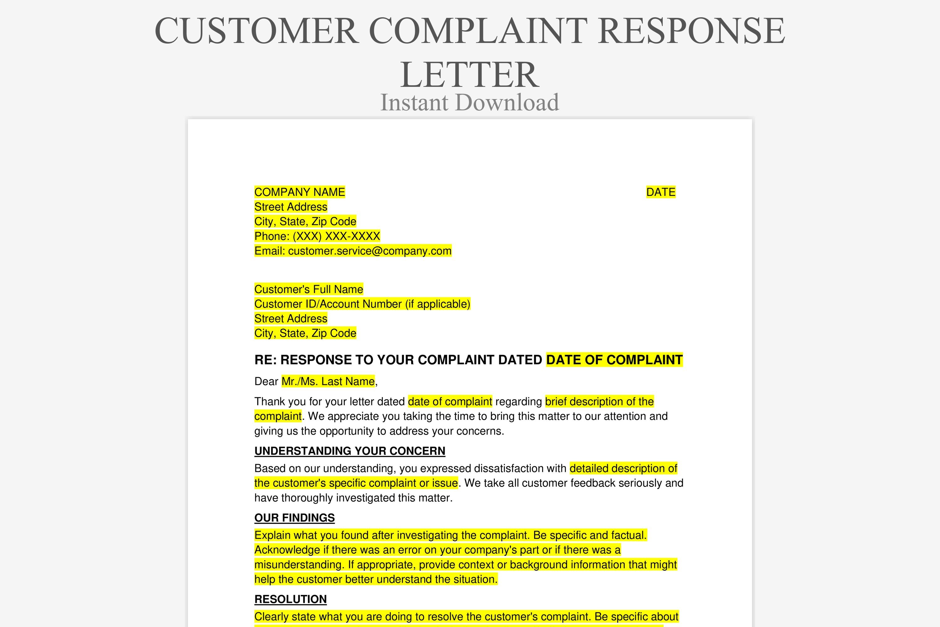 Customer Complaint Response Letter - Service Recovery Template - Word ...