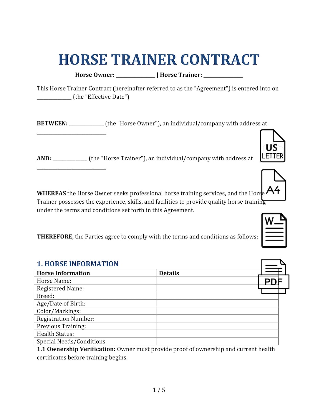 Horse Trainer Contract Template Word PDF - Equine Service Agreement ...