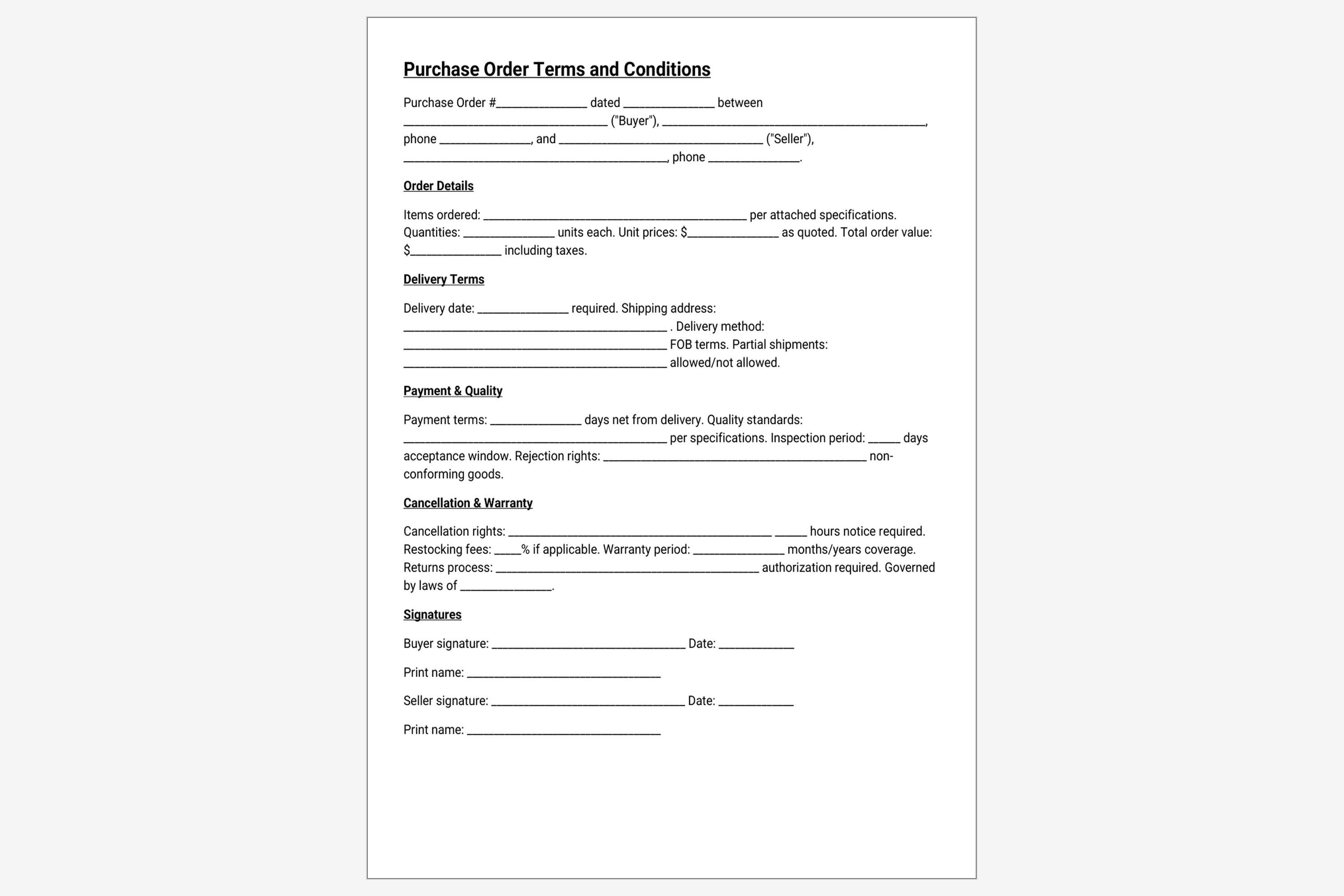 Simple Purchase Order Terms Template - Word Pdf Download - Etsy