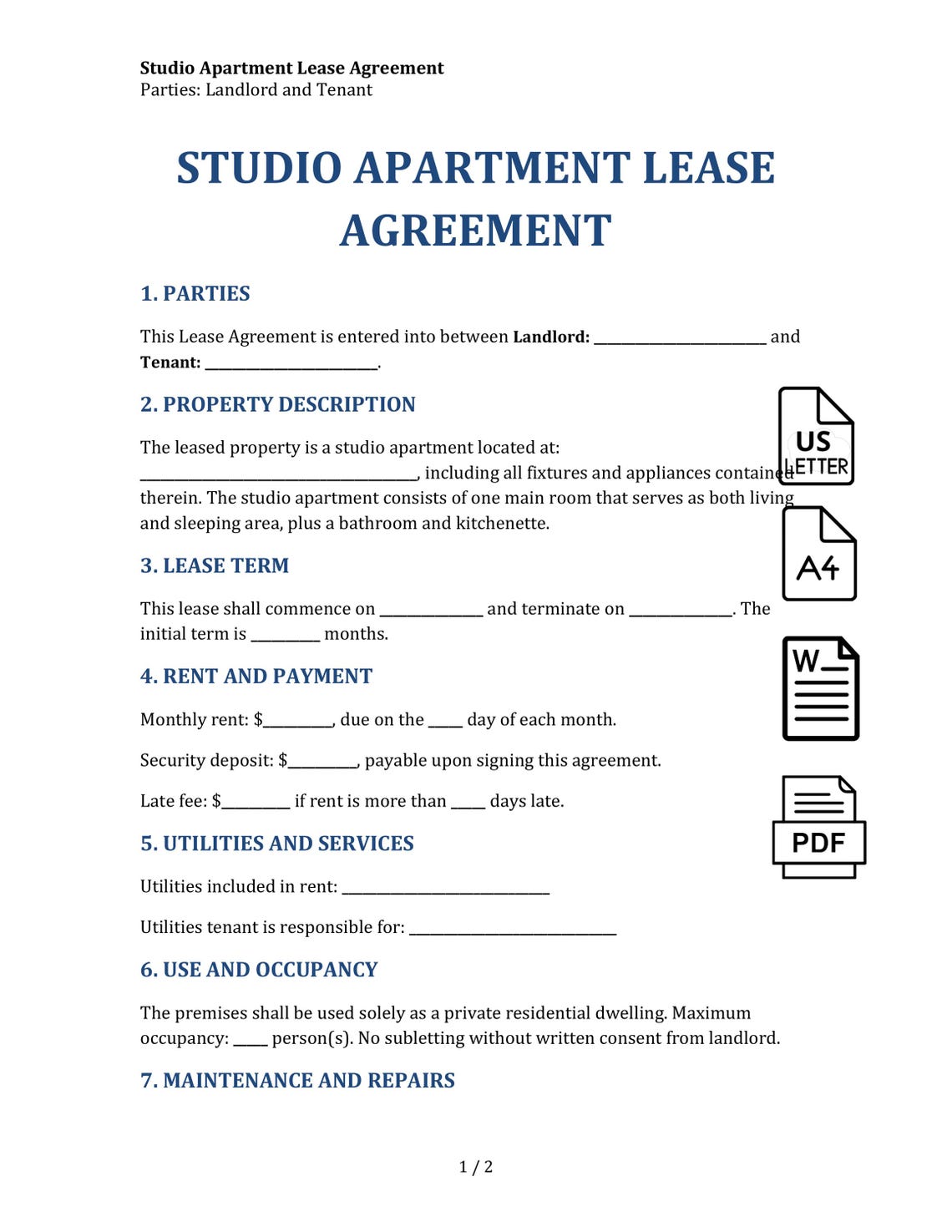 Studio Lease Template, Apartment Rental, Small Space, Flat Contract ...