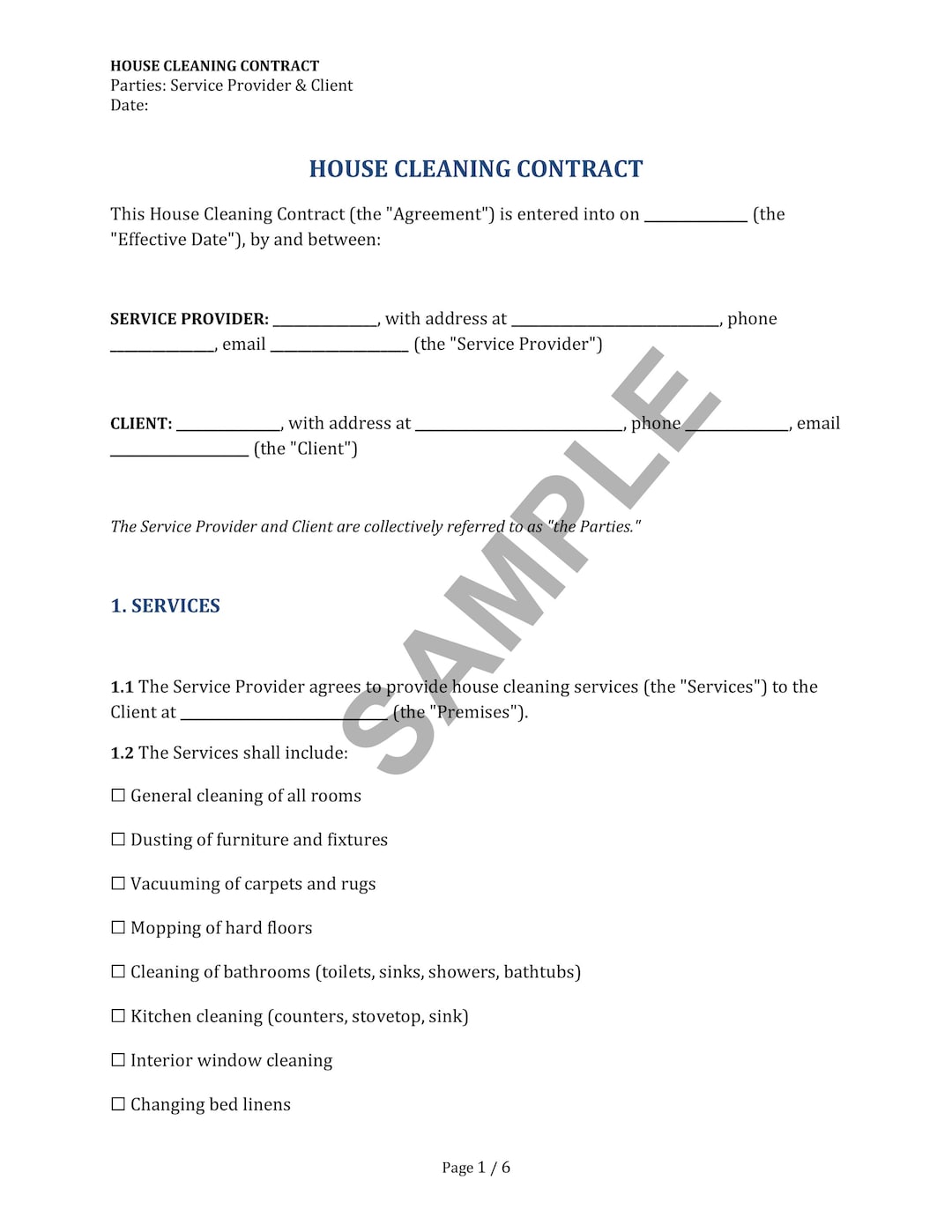 House Cleaning Contract | Word & PDF | Editable Contract Template - Etsy