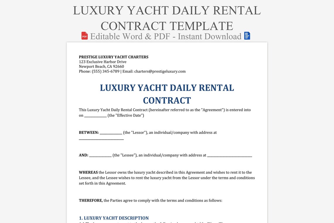 Luxury Yacht Daily Rental Agreement Template. Printable Daily Charter ...