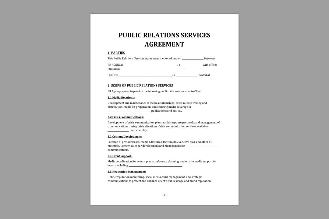 PR Services Contract Template | Public Relations Agreement Sample - Etsy