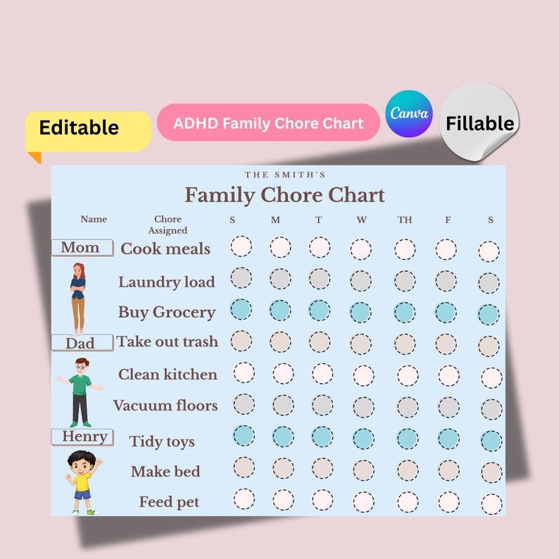 ADHD Kids Chore Chart Printable| ADHD Kids Cleaning List| Kids Weekly ...