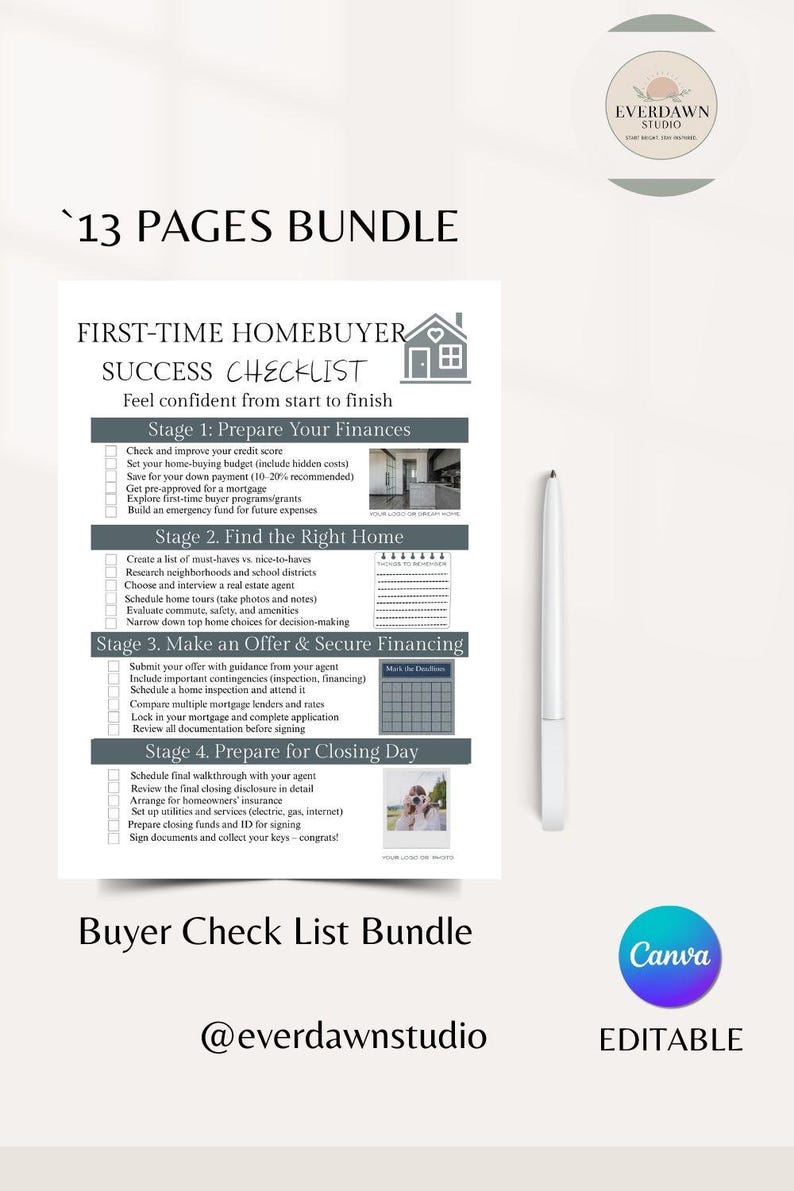 Home Buyer Checklist Bundle | 13 Printable & Editable Pdfs | First-time ...