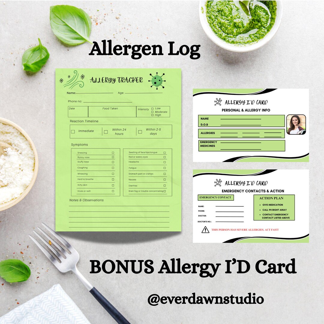 Allergen Log Printable + Bonus Allergy ID Card | Food Allergy Tracker ...