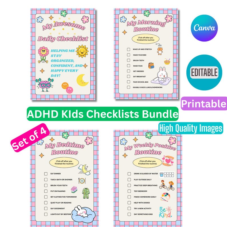 ADHD Kids Routine Checklist Bundle: Editable Daily Visuals (digital ...