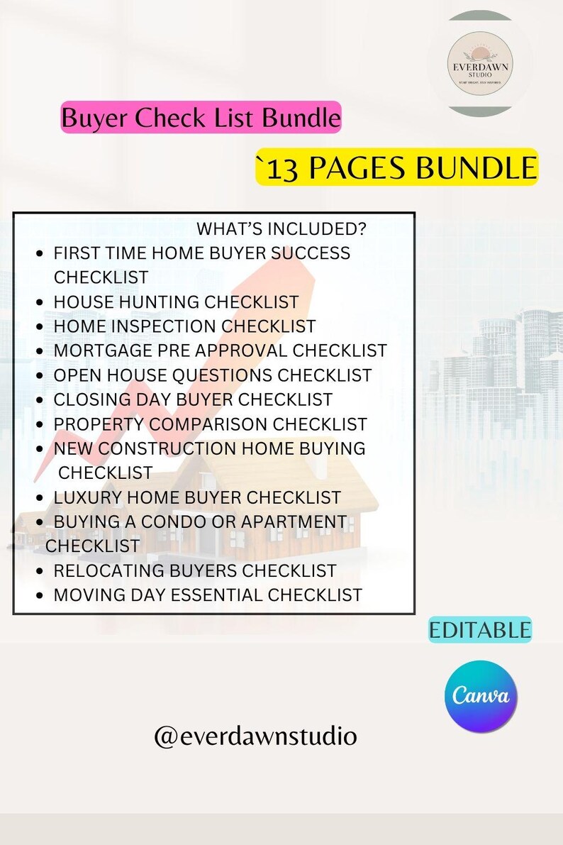Home Buyer Checklist Bundle | 13 Printable & Editable Pdfs | First-time ...