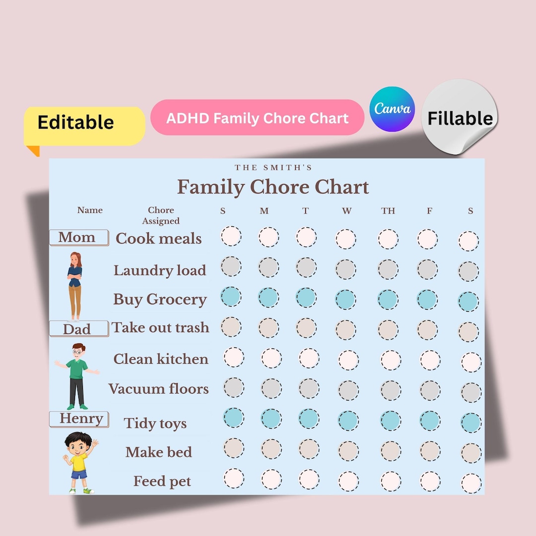 House Chore Chart Printable| Editable Family Chore Chart| ADHD Family ...