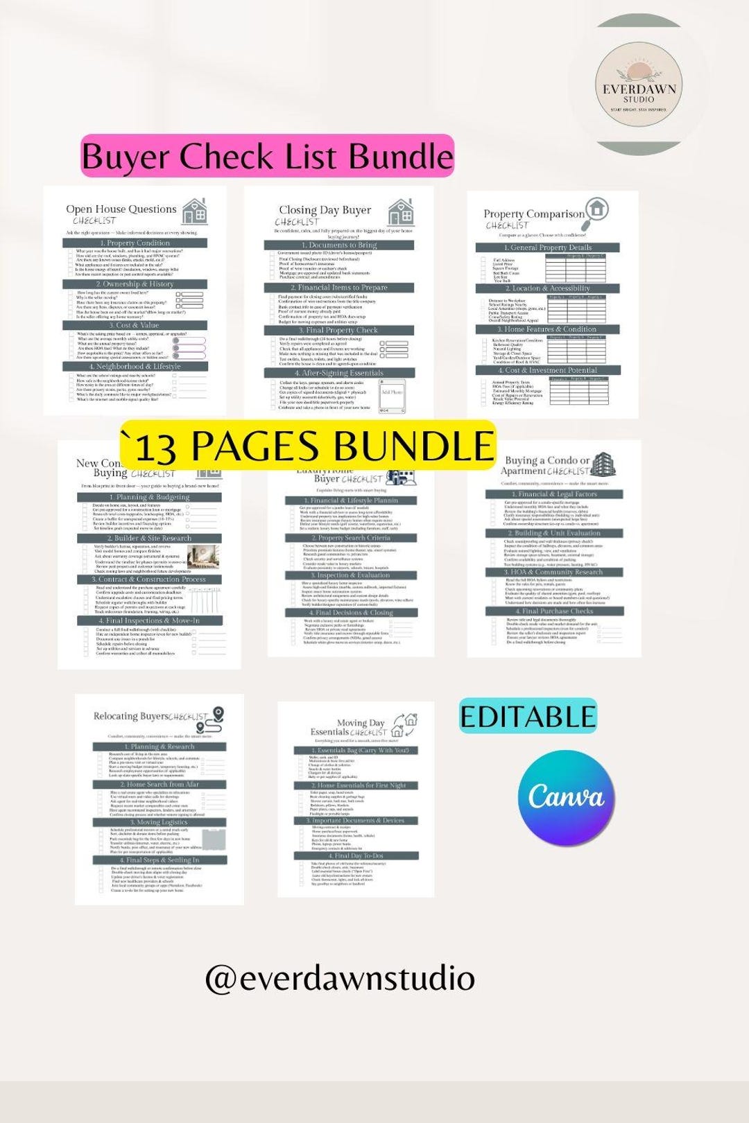 Buyer Checklist Bundle | 13 Real Estate Checklists | Printable ...