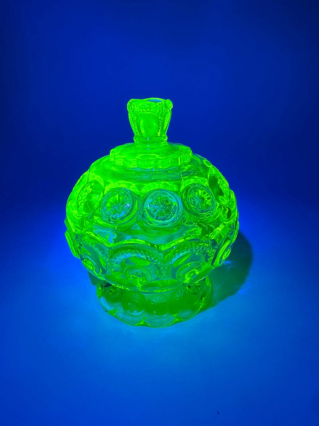Vintage Uranium Glass Candy Jar: Weishar Moon and Star, Glows Under UV ...