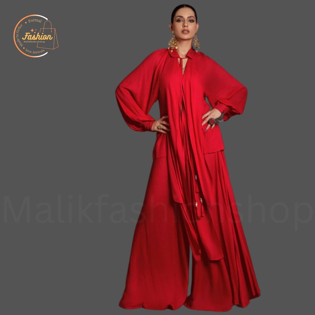 Red Formal Wear Set, Front Open Top With Tassel Ties, Wide Leg Palazzo ...
