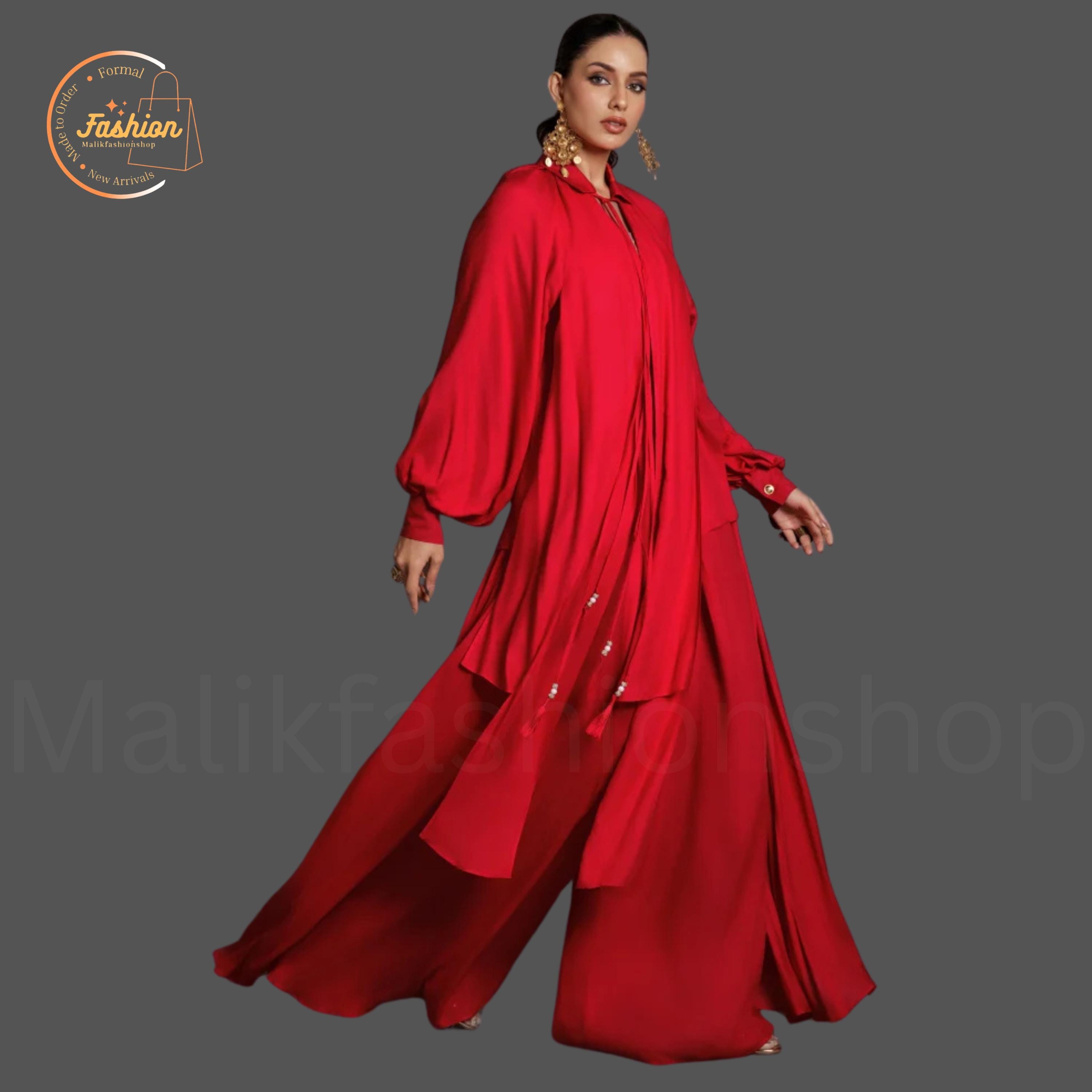 Red Formal Wear Set, Front Open Top With Tassel Ties, Wide Leg Palazzo ...