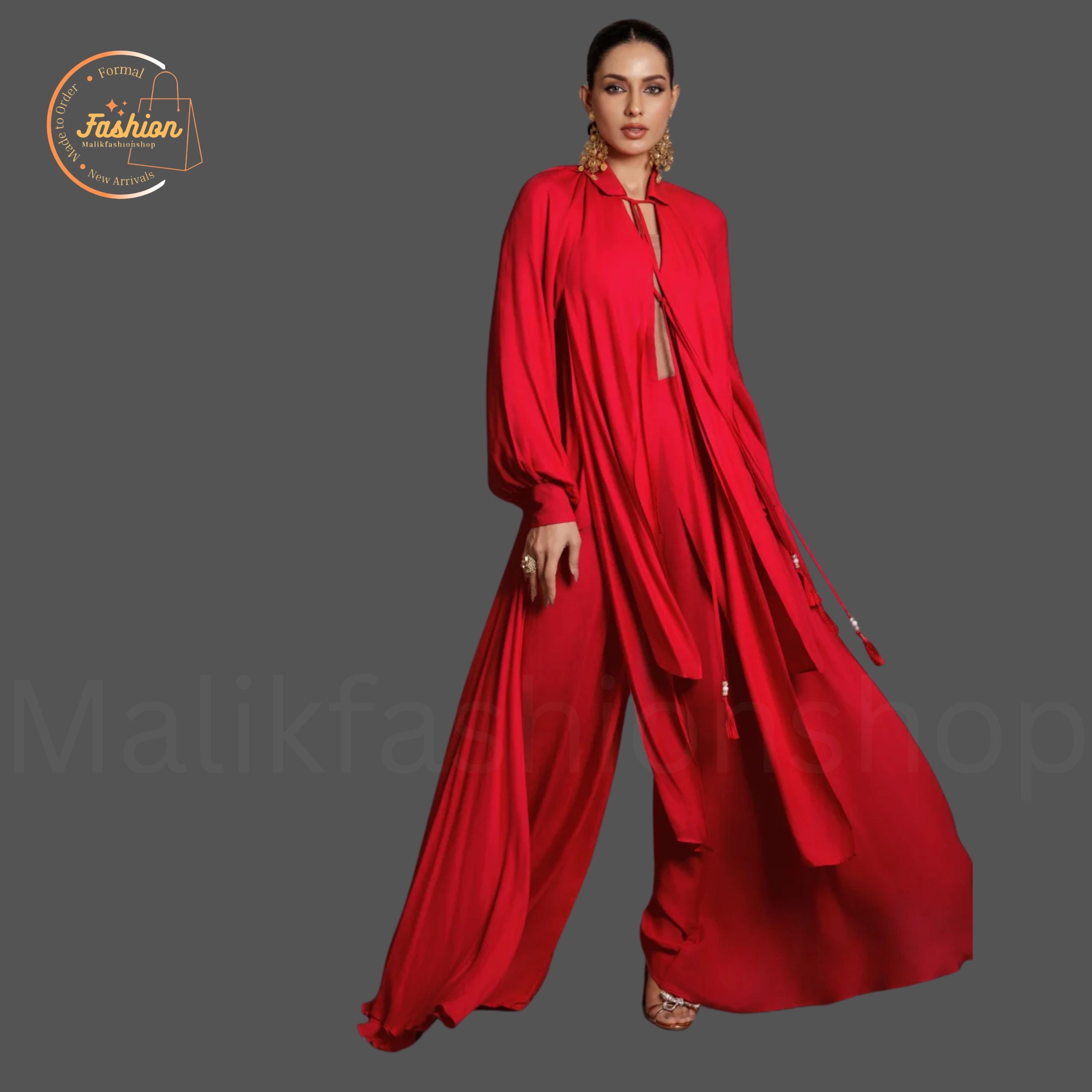 Red Formal Wear Set, Front Open Top With Tassel Ties, Wide Leg Palazzo ...