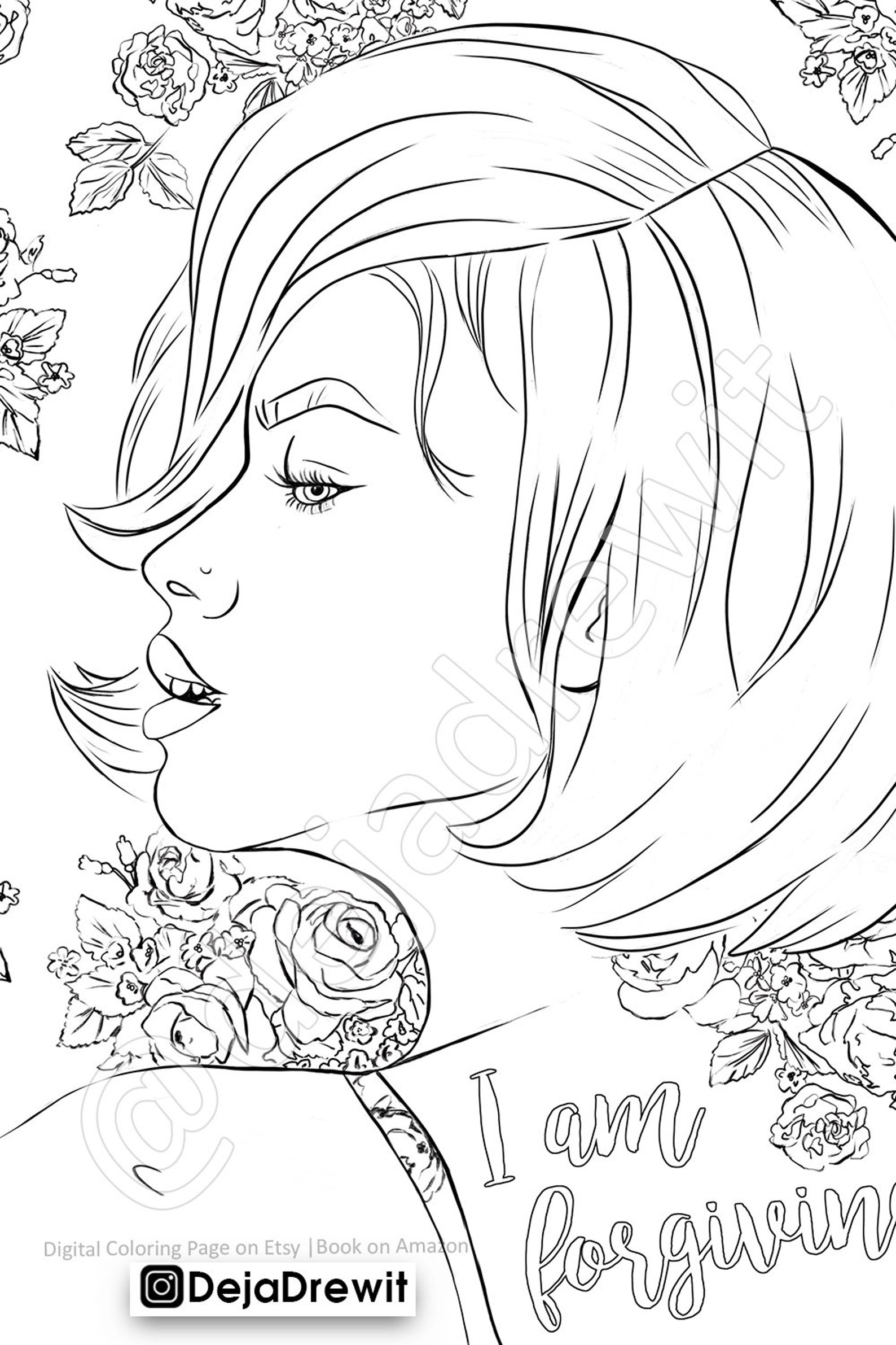 Coloring Page for Adults Forgiveness Black Woman Portrait Affirmation ...
