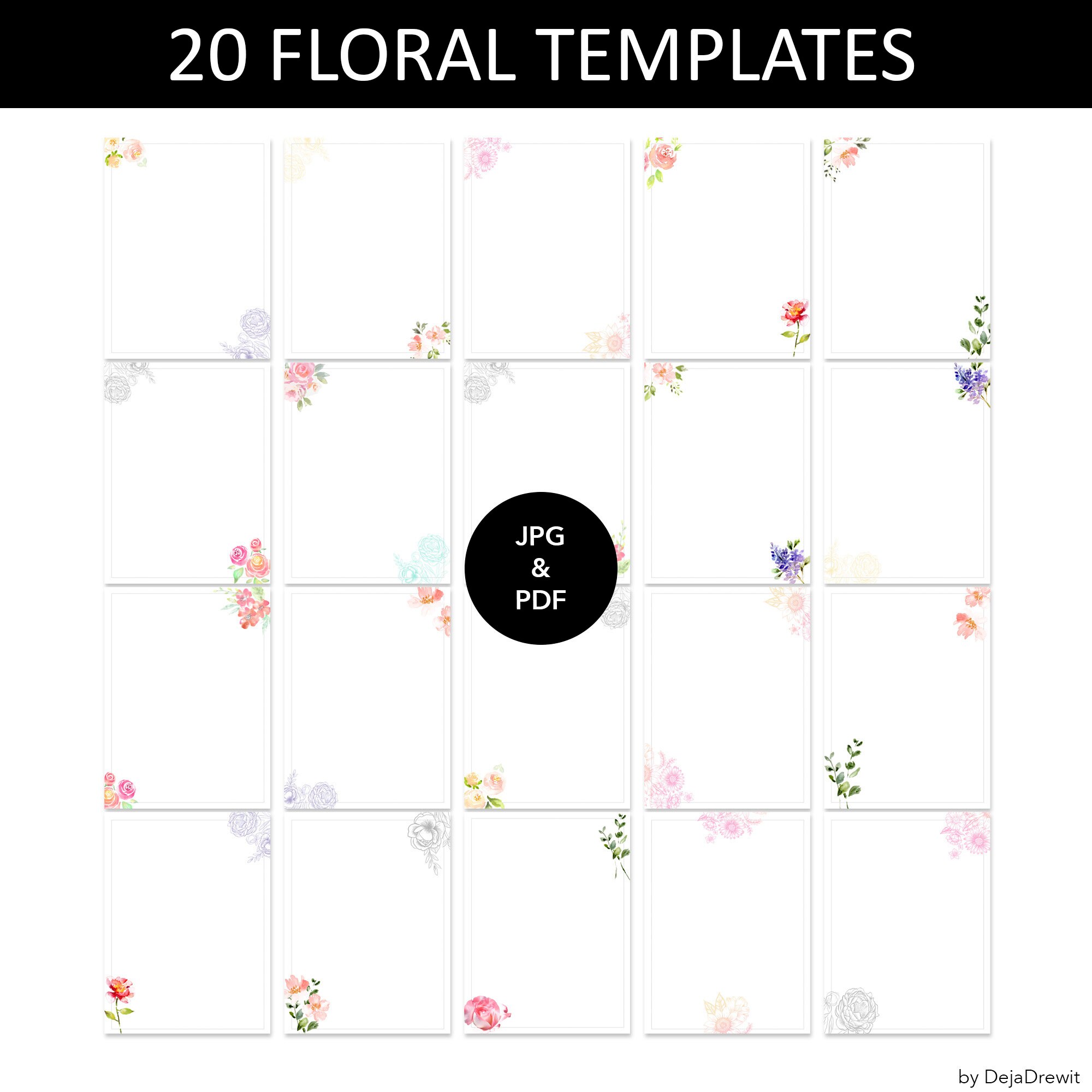 15 Watercolor Flower Floral Digital Stickers and 20 Floral Page ...