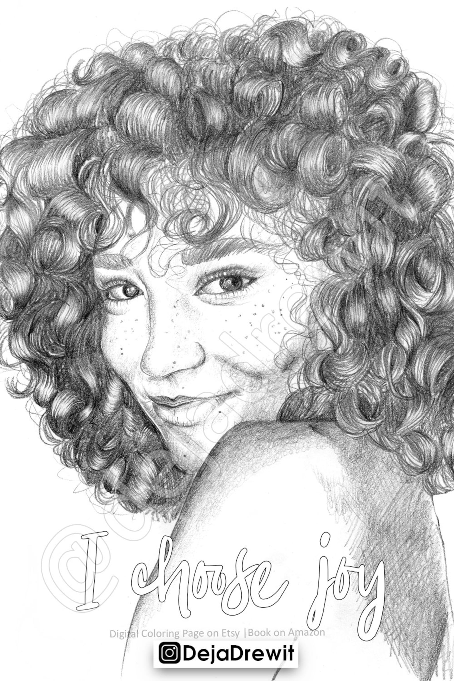 Curly Hair Coloring Woman Portrait Illustration Adult Coloring Etsy