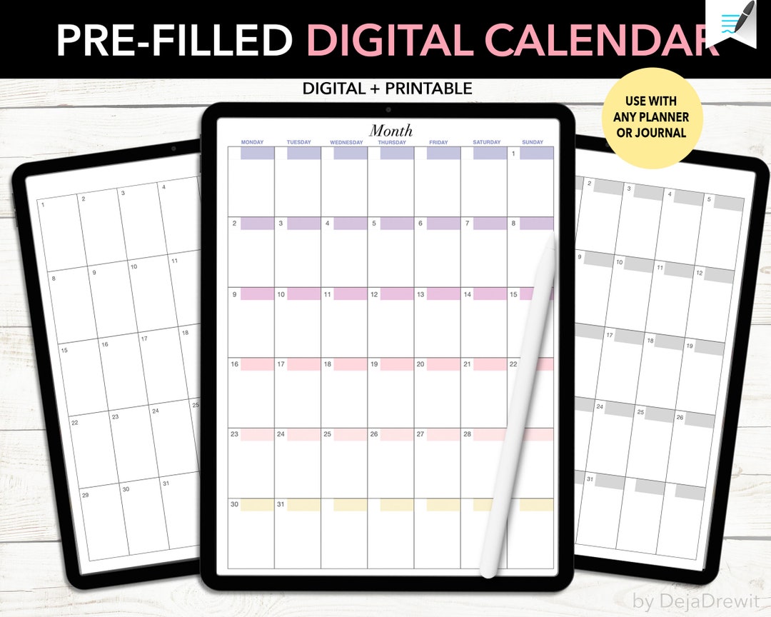 Prefilled Calendar for Undated Planners Colorful Dated Digital Calendar ...