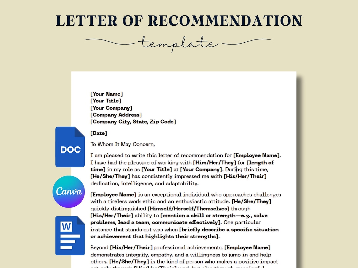 Editable Letter of Recommendation Template | Customizable Character ...