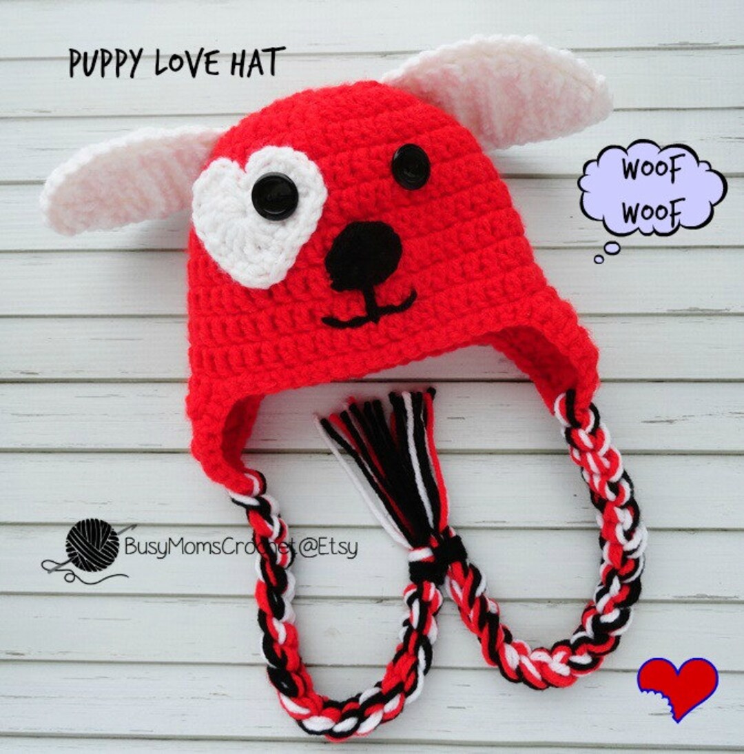 Valentines Day Crochet Puppy Love Hat, Handmade, Puppy Hat, Heart Hat ...