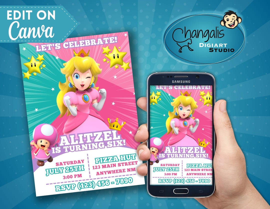 Princess Peach Birthday Invitation Editable Template Printable Princesa ...