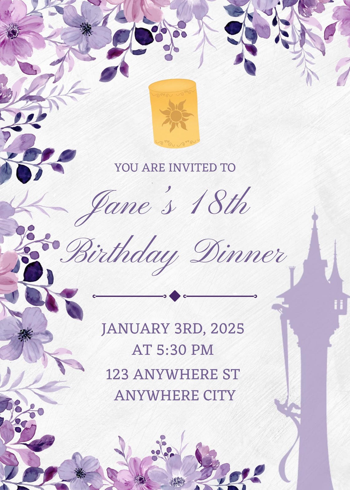 Invitation, Tangled, Rapunzel, Birthday, Party, Flowers, Lantern - Etsy