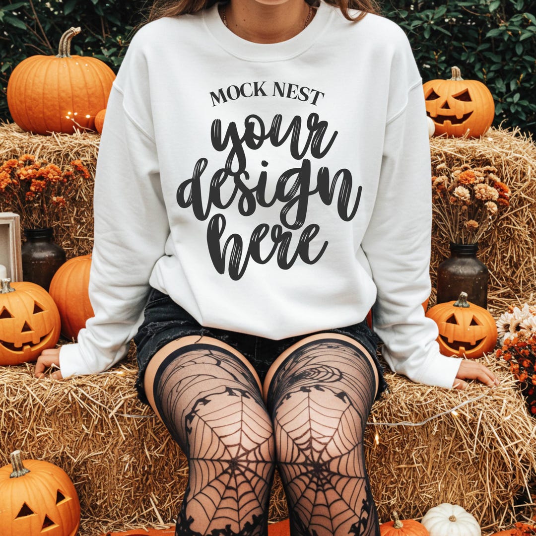 White Gildan 18000 Summerween Mocks White Shirt Mockup G18000 White Sweatshirt Mock Fun Spooky ...