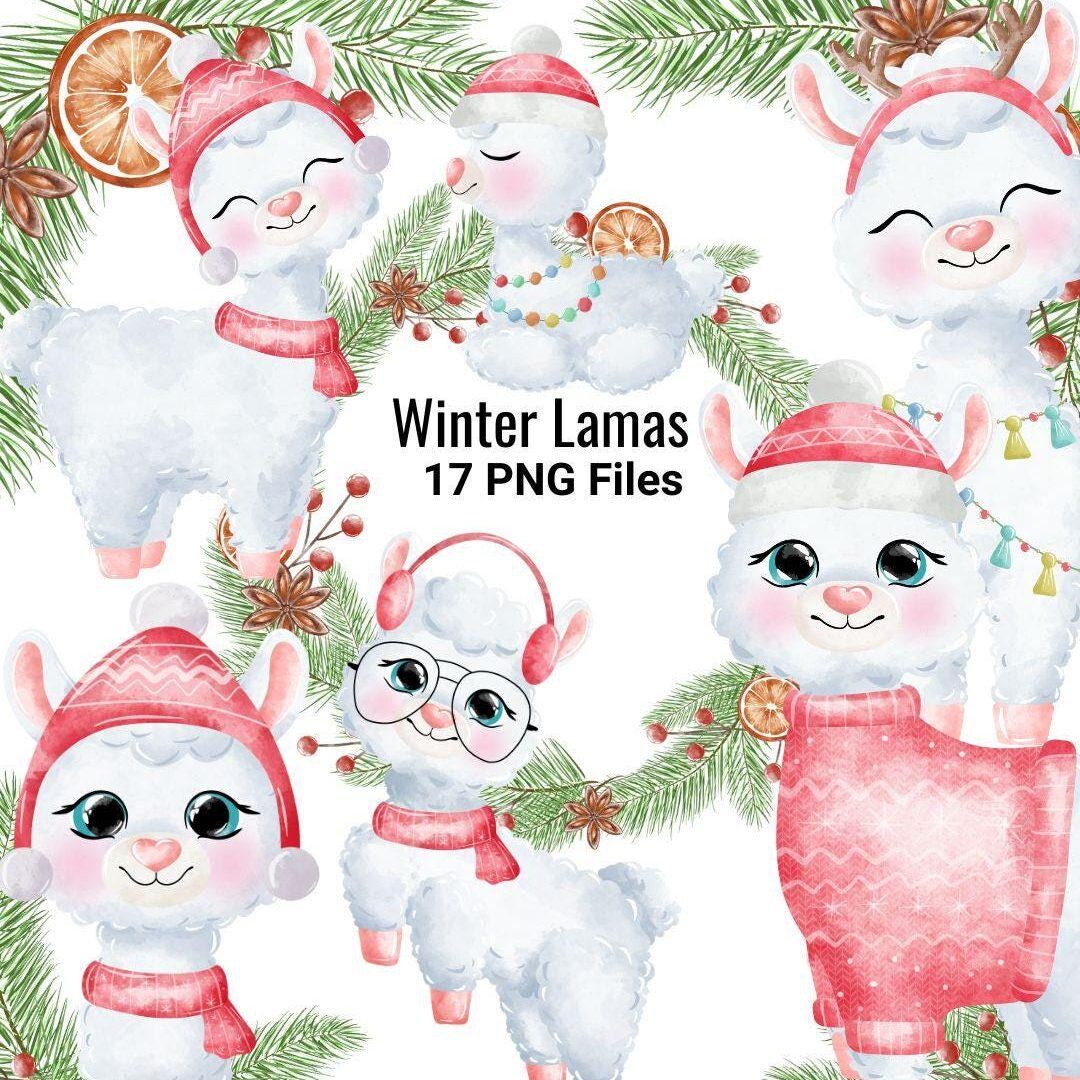 Winter Llama Clipart Bundle Watercolor Christmas Alpacas PNG (digital ...