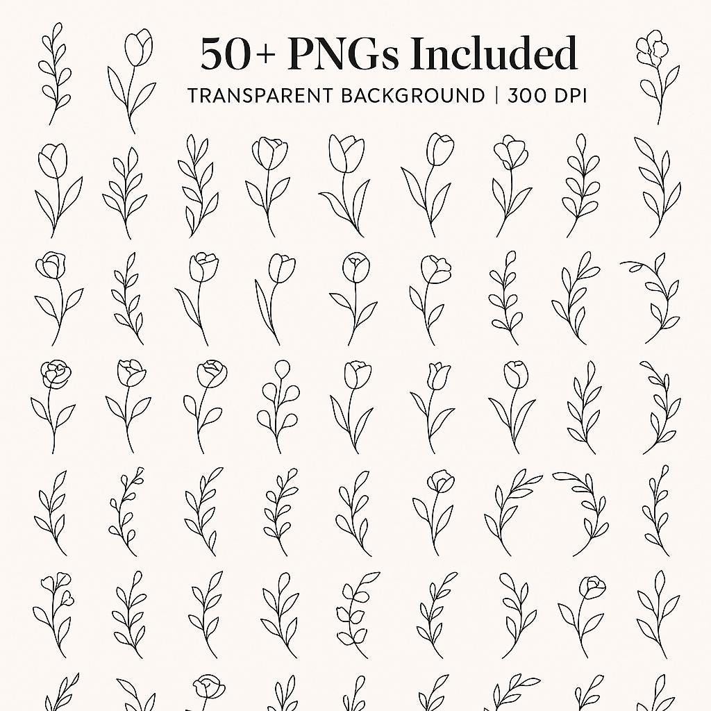 Minimalist Floral Line Art Clipart, Black Flower Doodles (PNG, SVG) - Etsy