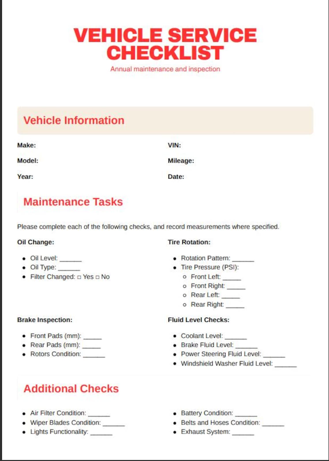 Complete Annual Service Checklist for Your Car - Printable PDF - Etsy