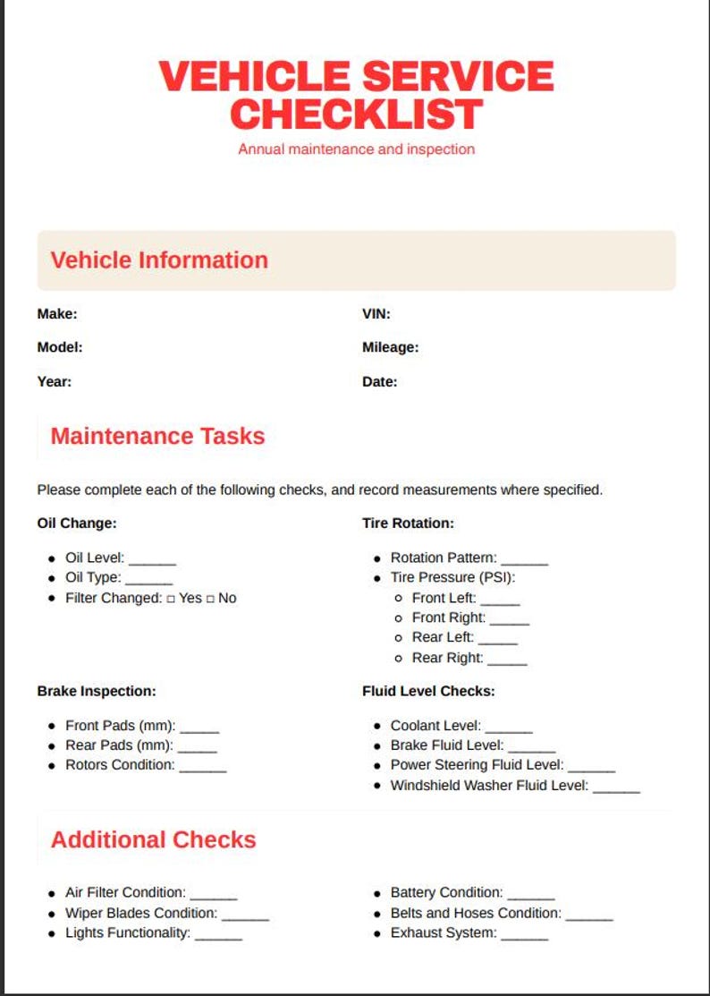 Complete Annual Service Checklist for Your Car - Printable PDF - Etsy
