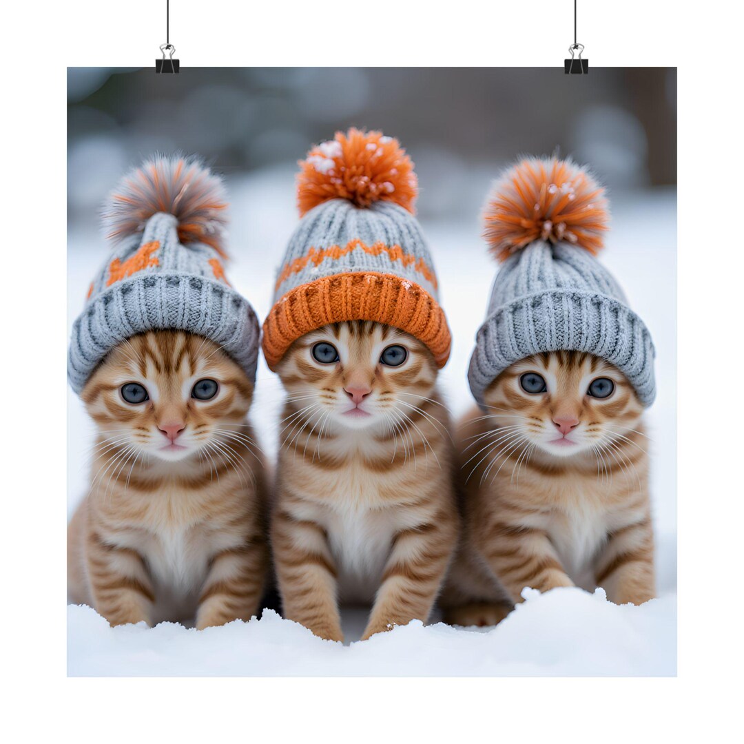 Cute Kitten Poster Art, Feline Wall Decor, Cat Lover Gift, Winter Theme ...