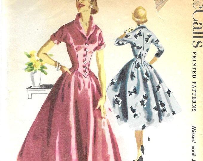Mccall's 3396 1950s Misses' Dress Basque Bodice Full Skirt Sleeve ...