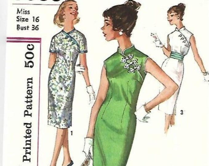 1950s Asian Inspired Cheongsam Sheath Dress Mandarin Collar Simplicity ...