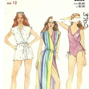 Butterick 3902 1980s Mock Wrap One Piece Swimsuit + Front Wrap Coverups ...