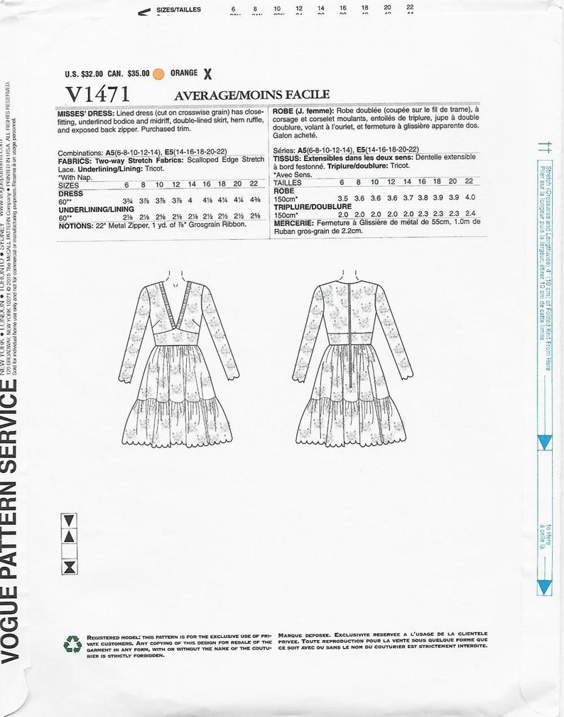 Vogue 1471 Designer Cocktail Dress Plunging V Neckline Long Sleeves Hem ...
