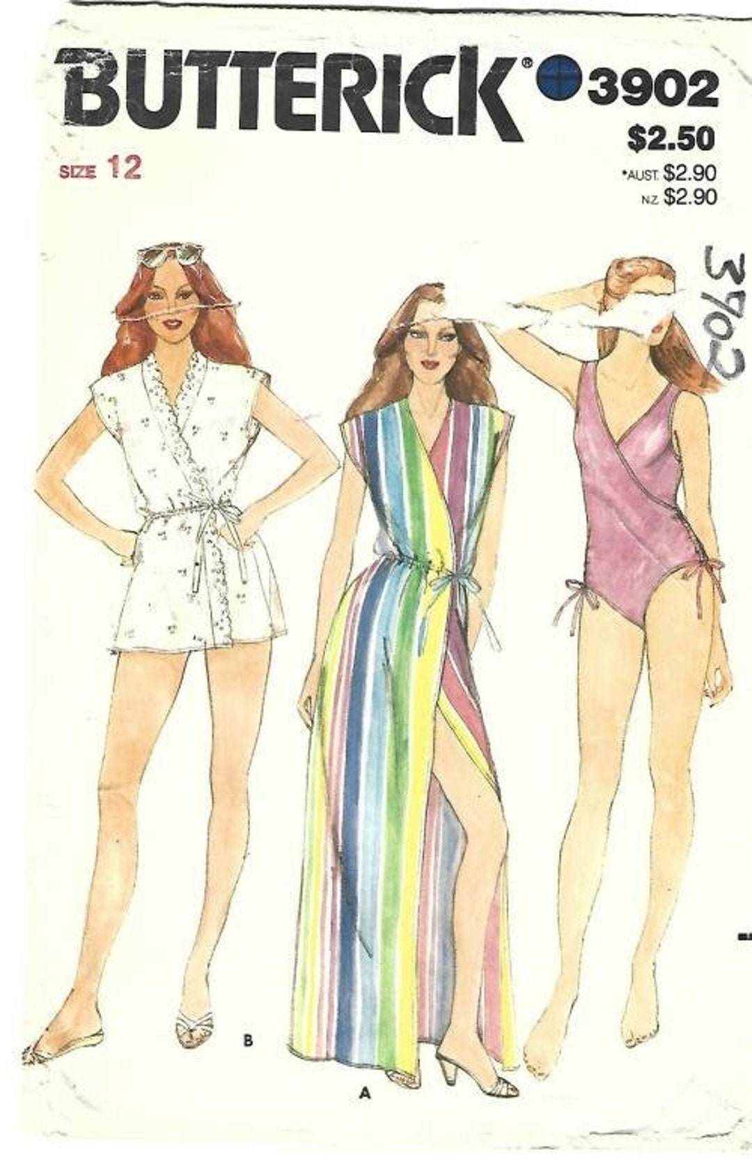 Butterick 3902 1980s Mock Wrap One Piece Swimsuit + Front Wrap Coverups ...