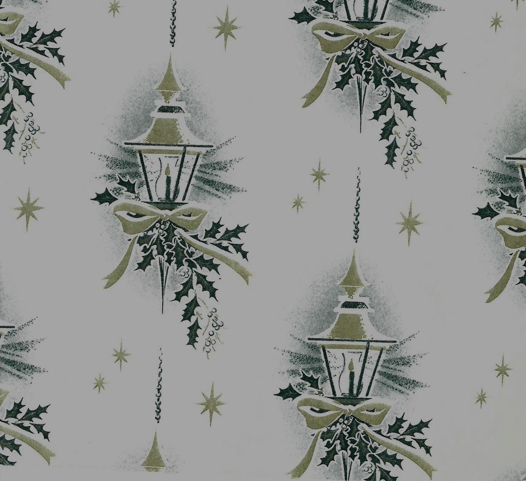 Christmas Wrapping Paper Gold Lanterns Holly and Berries Gold Stars One ...