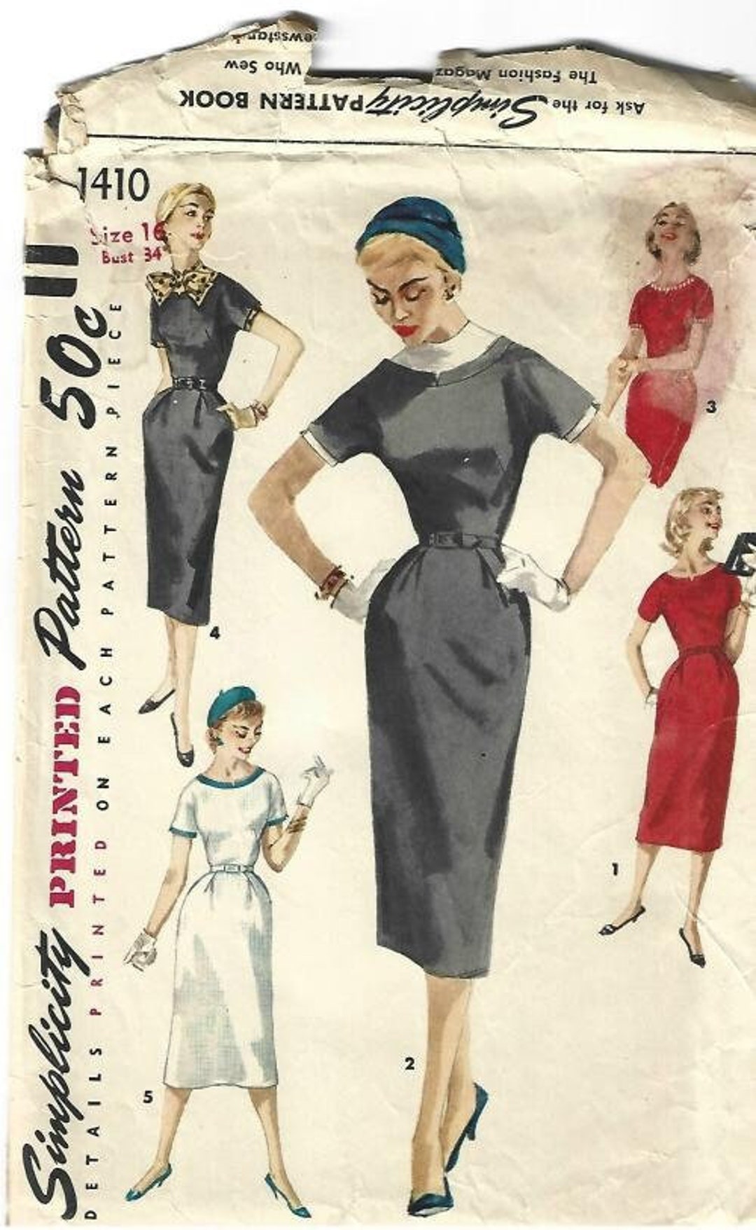 1950s Sheath Dress Short Sleeves Detachable Neck and Sleeve Trim ...