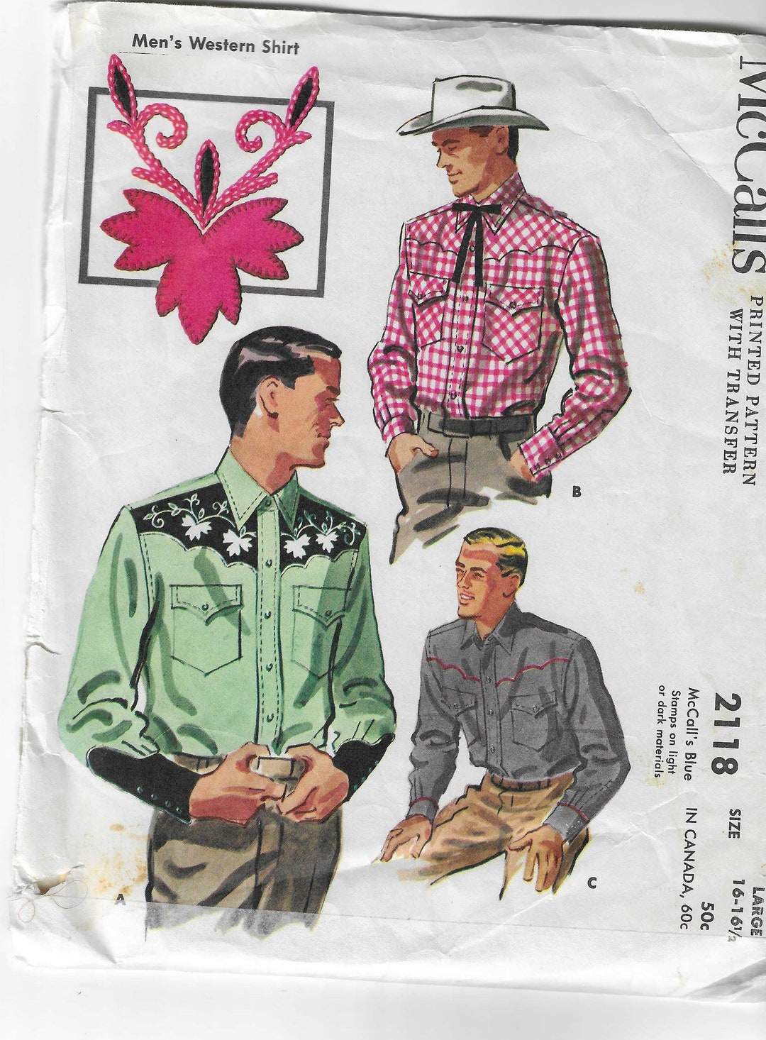 Mccall's 2118 1950s Men's Cowboy Shirt Yokes Piping Choice of Cuffs C/C ...